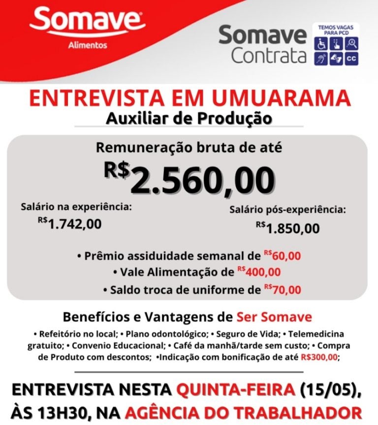 Somave Alimentos faz entrevistas de emprego hoje em Umuarama